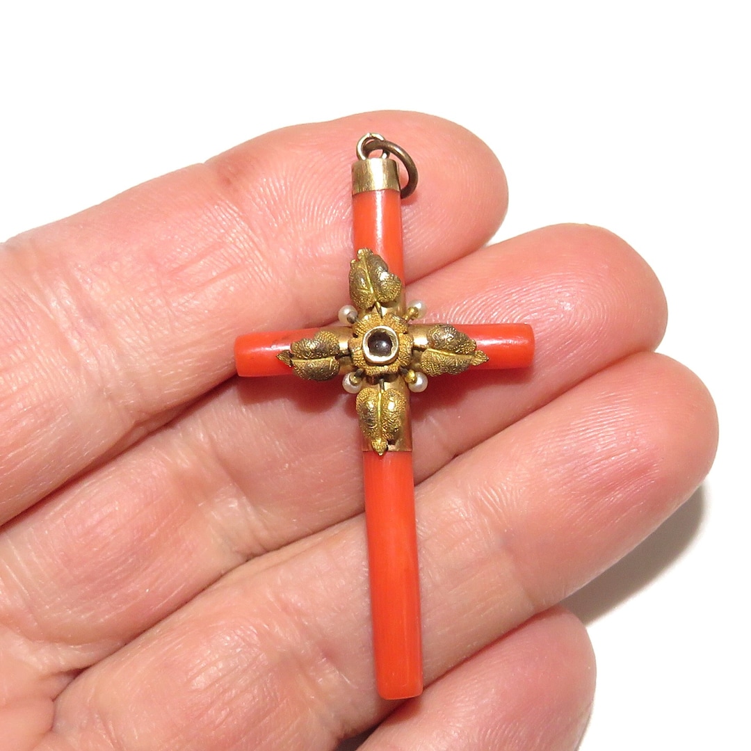 Victorian 14 K and Coral Cross Pendant With Stanhope - Madonna Della ...