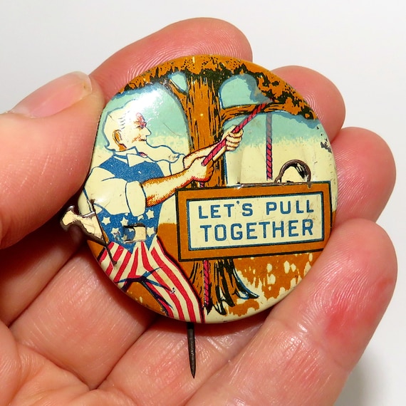WWII Patriotic Uncle Sam Hanging Hitler Pinback Button - Gem