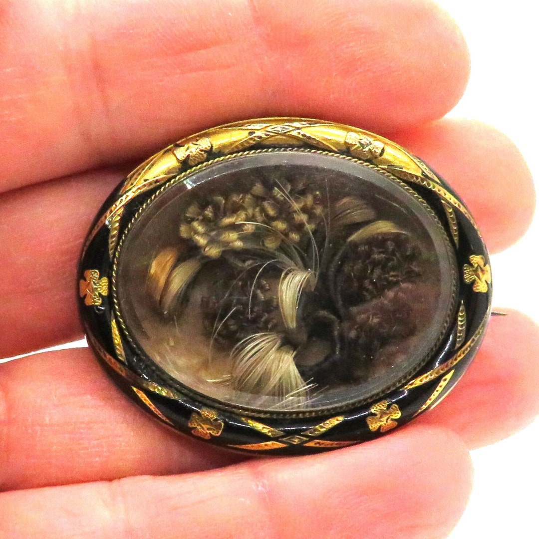 Victorian Hair Work Mourning Pin With Unique Dimensional Hair Flowers ...