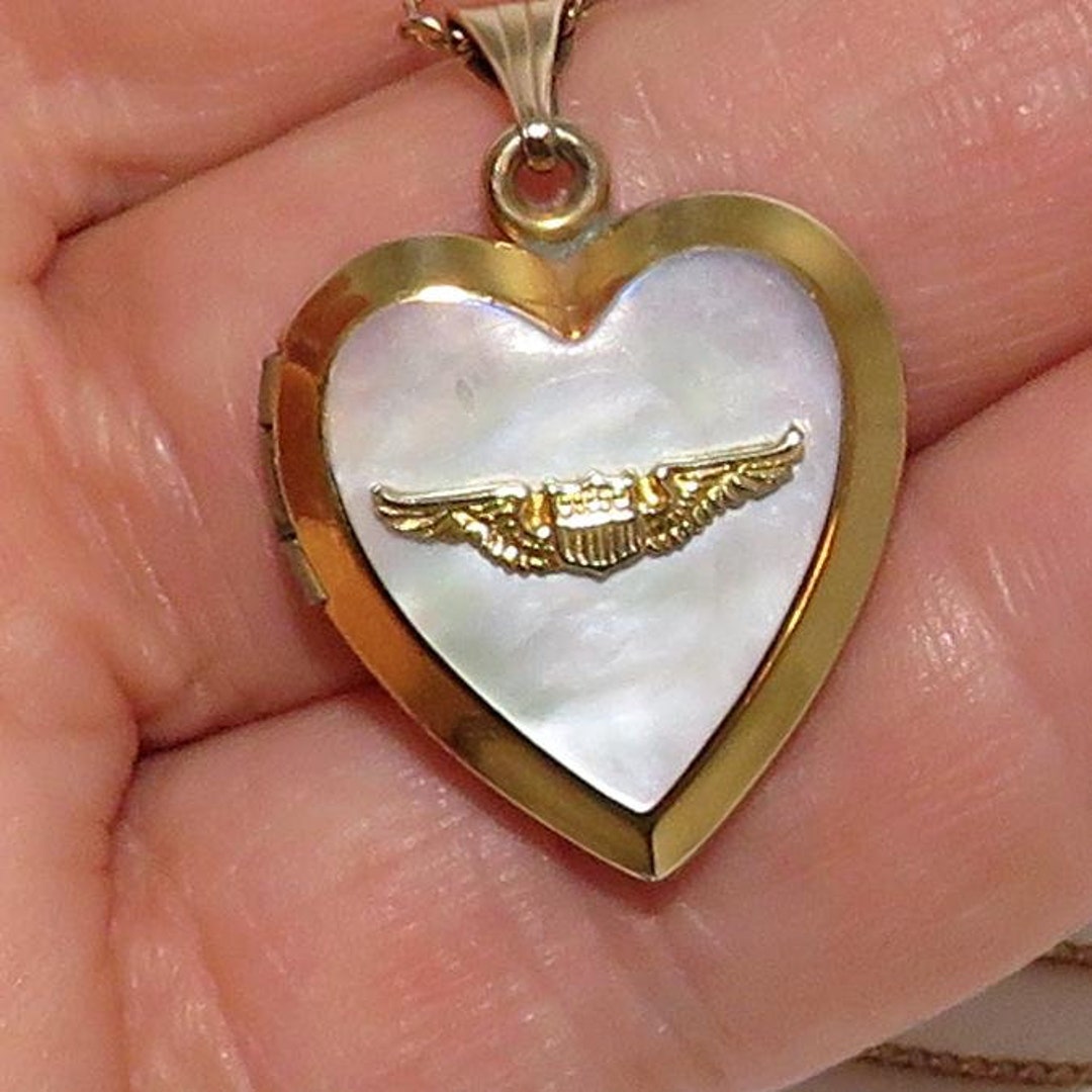WWII Period Gold Filled AAC Pilot Wings Heart Locket With Mother of ...