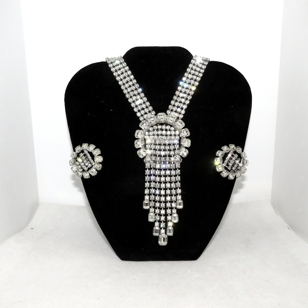 Sandor Rhinestone Waterfall Necklace and Clip Earrings Set - Etsy