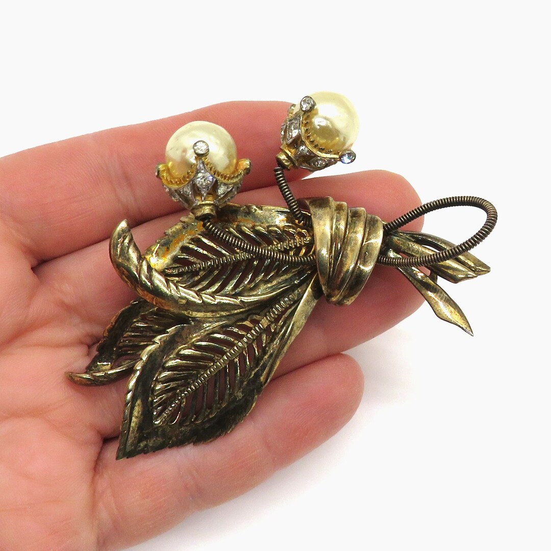 R.derosa Gold Washed Sterling Flower Pin With Trembler Pearl Buds - Etsy