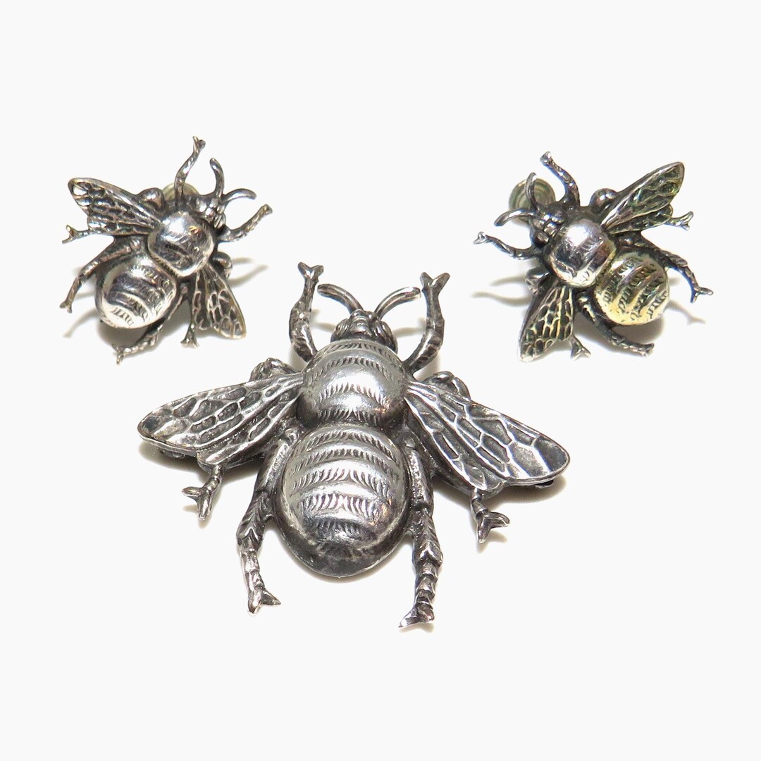 Joseff Silver Tone Bee Pin and Screw Earring Set - Etsy