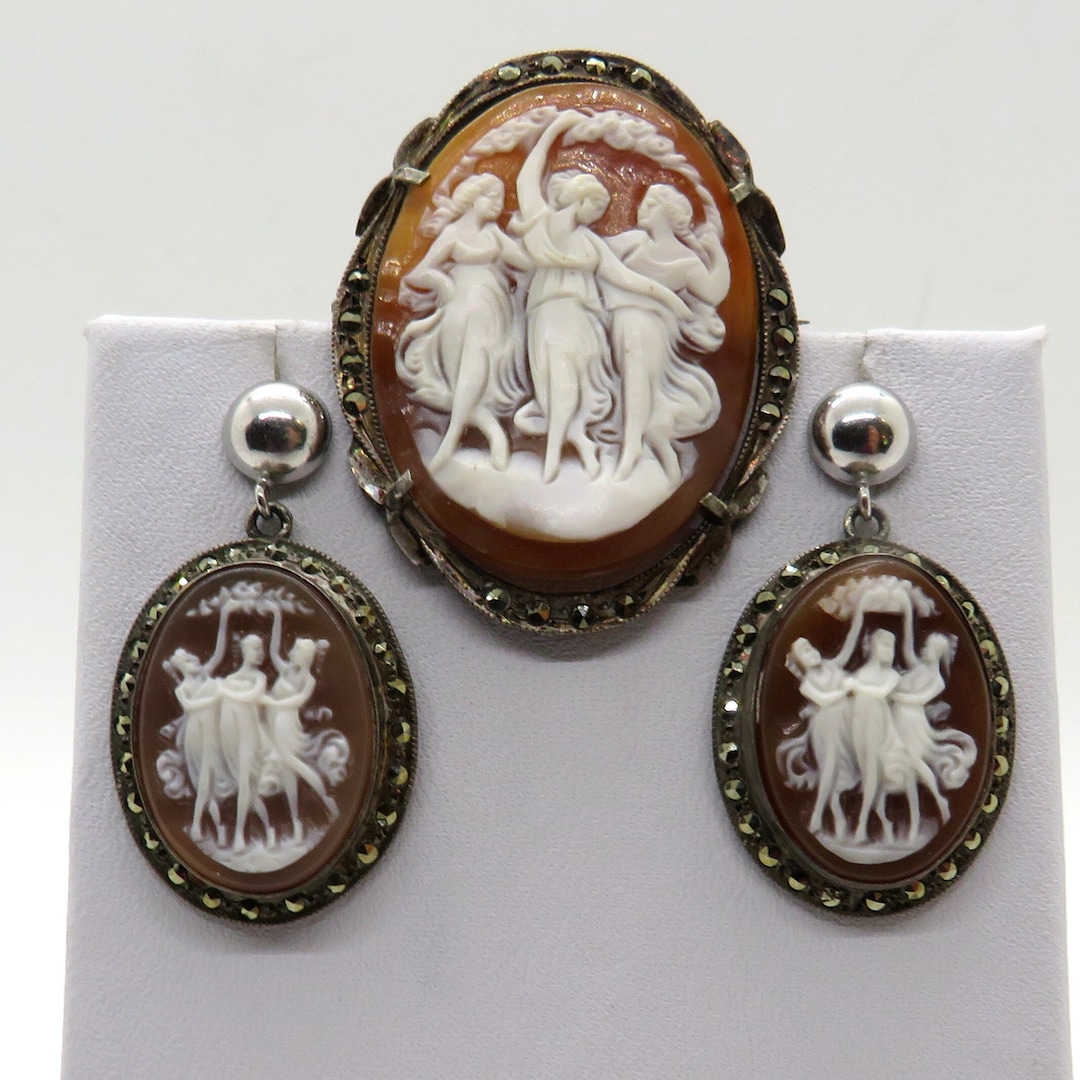 Vintage Hand Carved Shell Cameo Three Graces Pin/pendant and Pierced ...