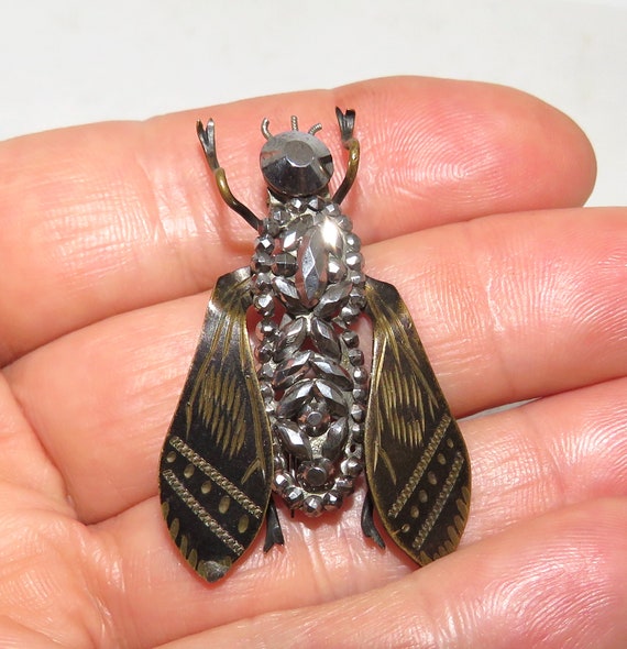 Victorian Cut Steel Fly Pin - Gem
