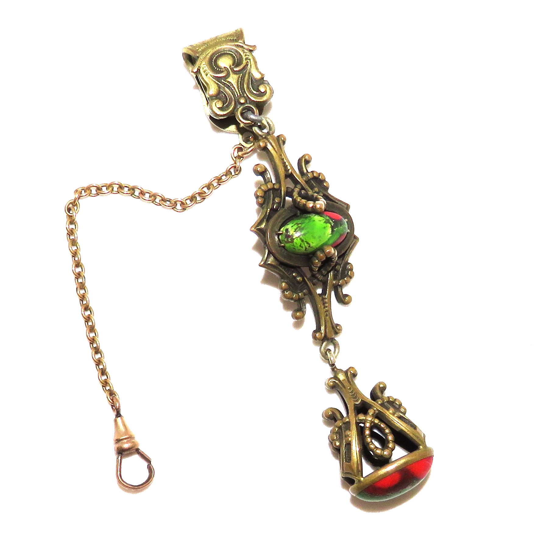 Art Nouveau Watch Fob With Red and Green Art Glass - Etsy