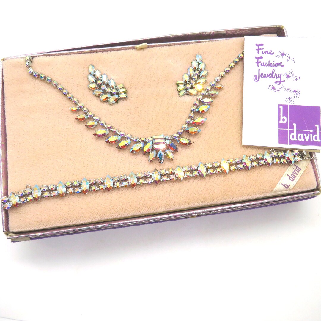 B. David Aurora Borealis Rhinestone Necklace, Bracelet and Clip ...
