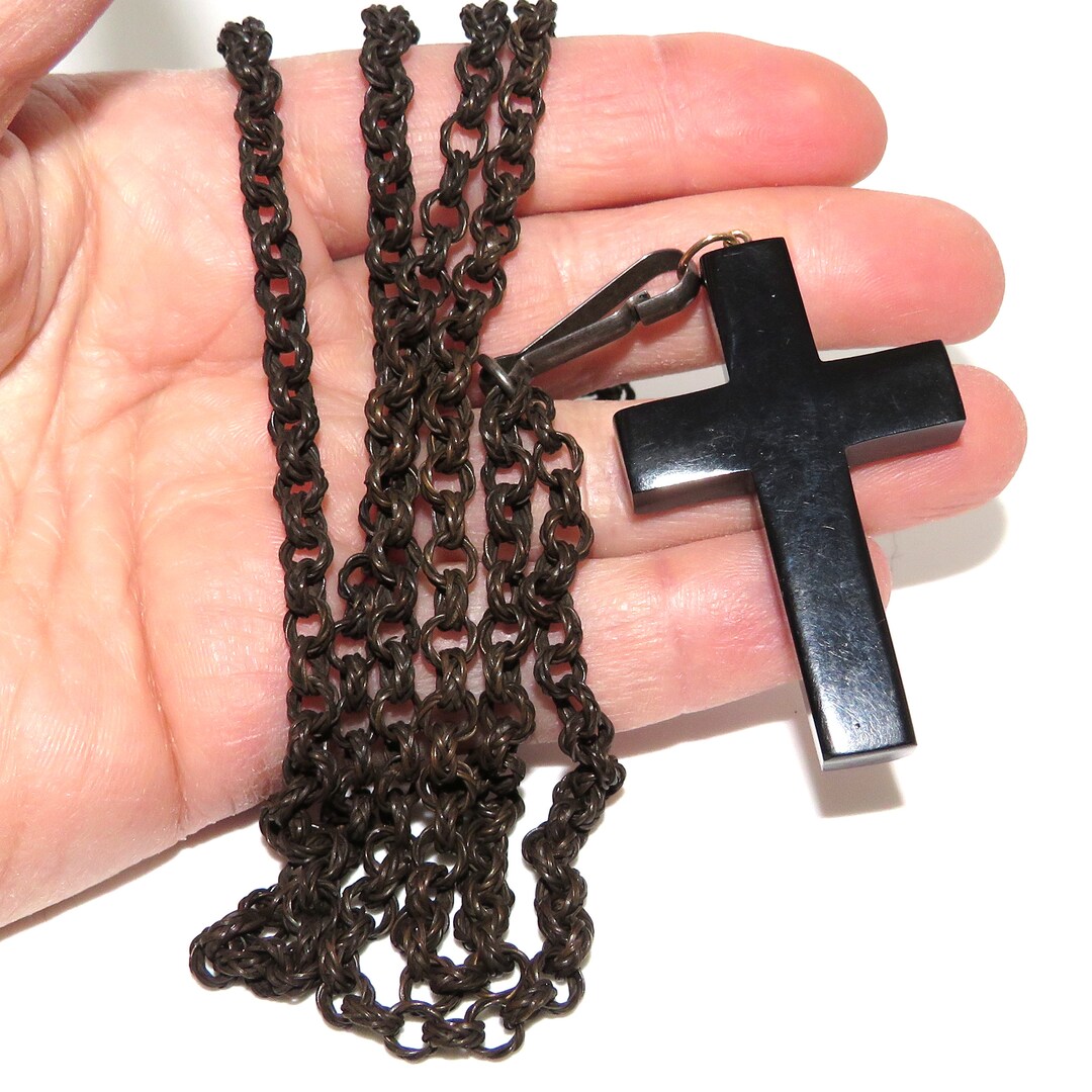 Victorian Jet Cross on Long Chain of Woven Plant Material - Mourning - Etsy