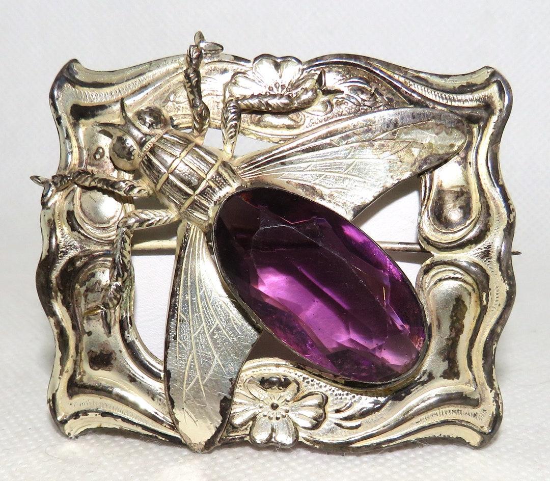 Art Nouveau Sash Pin With Large Fly and Purple Stone - Etsy