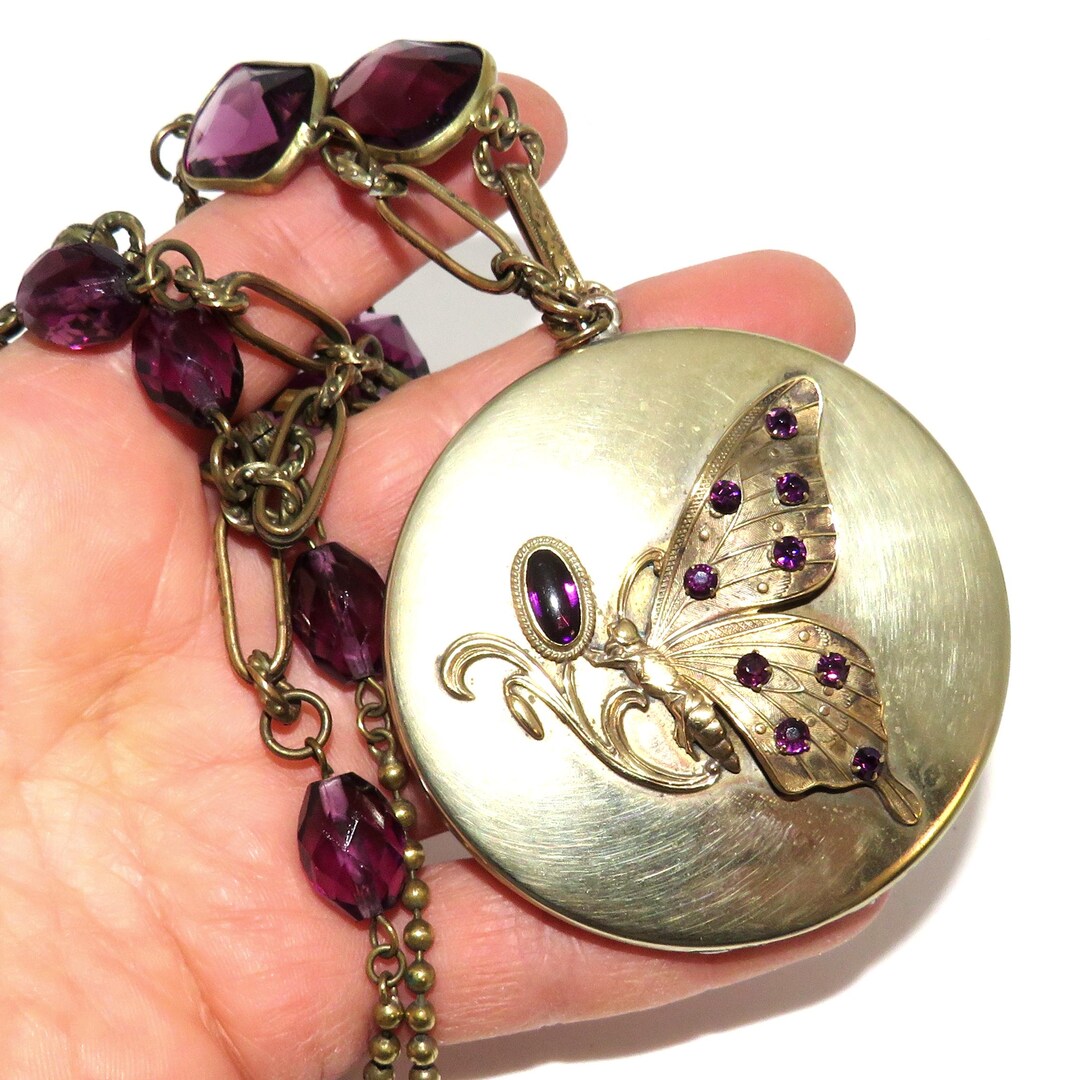 Large Art Nouveau Gold Filled Locket With Butterfly on Fancy Chain With ...