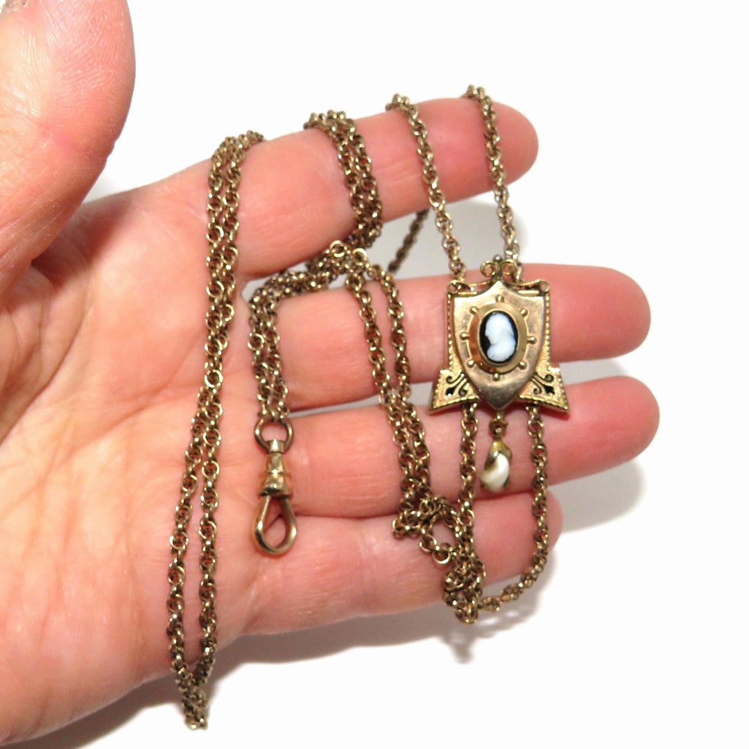 Victorian Gold Filled Watch Chain With Large Hard Stone Cameo Slide - Etsy