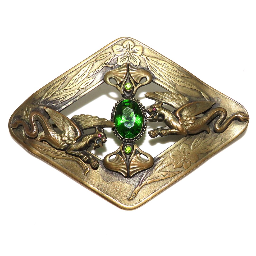 Edwardian Art Nouveau Dragons and Green Stone Sash Pin - Etsy