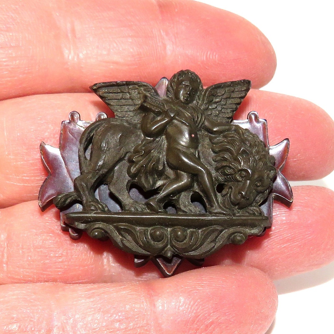 Victorian Horn and Vulcanite Pin - Cupid With Lion - Etsy