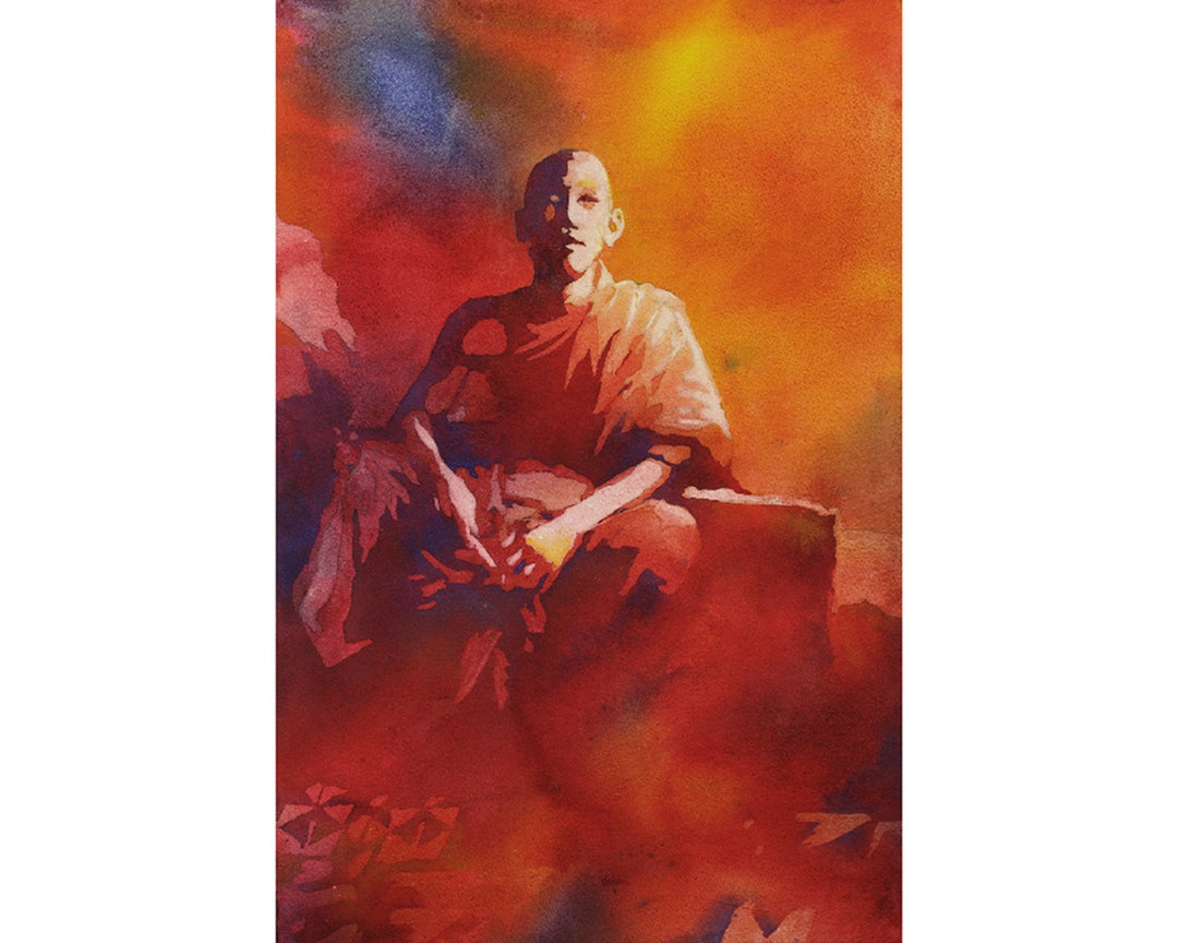 Watercolor Painting Buddhist Monk Phnom Penh Cambodia, Colorful Wall ...
