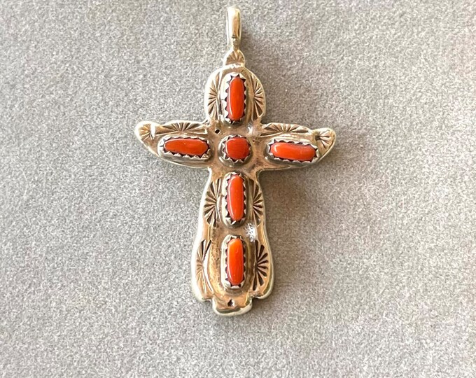 Vintage Signed by Artist Cecilia Iule Zuni Sterling Silver Coral Cross ...