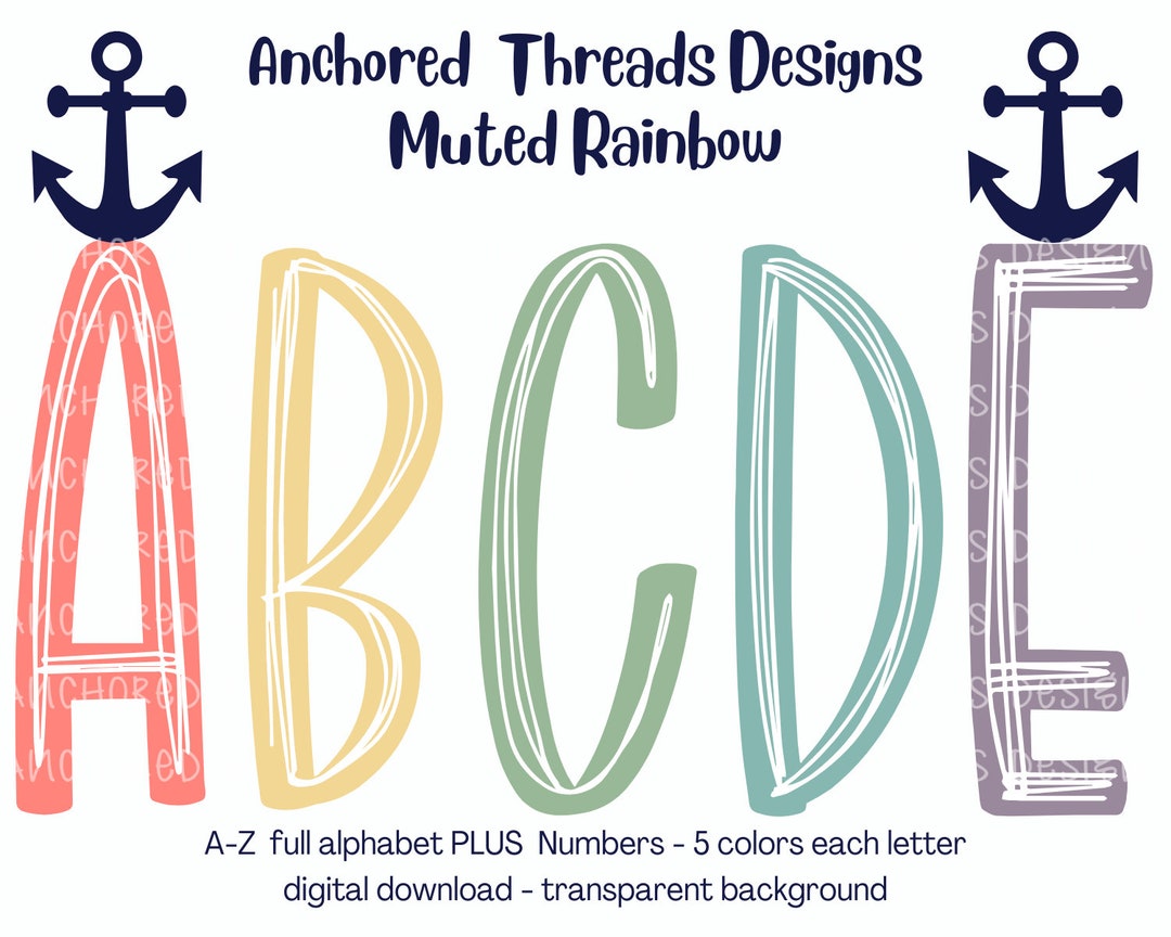 Sketch Alpha - Rainbow Alphabet - PNG Alphabet - Muted Rainbow ...