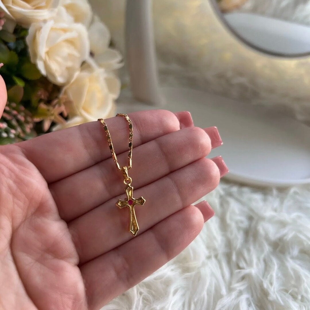 24k Dainty Cross Necklace Women Gold With a Pink Gem Girls - Etsy