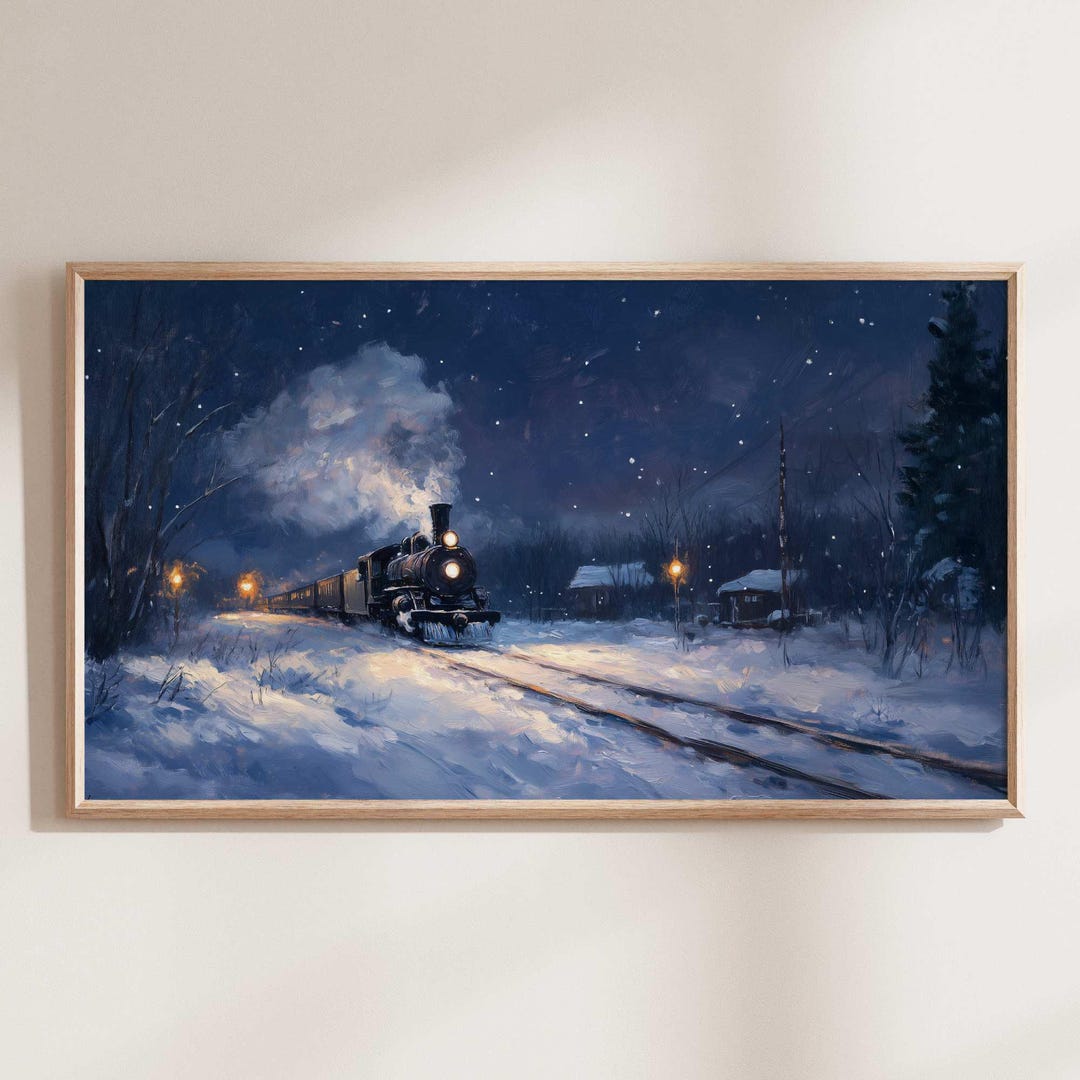 Steam Engine Frame TV Art, Winter Decor, Samsung TV Art, Snowy Train ...