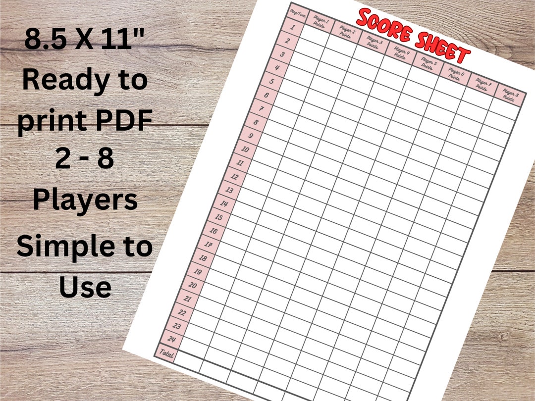 Simple Score Sheet for Board Games, PDF File, 2-8 Players, Score Sheets ...