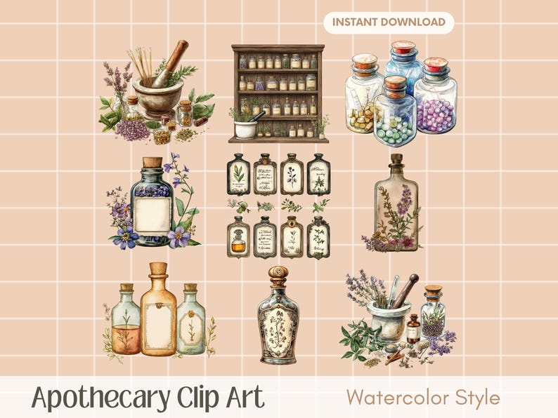 Watercolor Apothecary Clip Art Set Vintage Herbs Bottles and Labels DIY ...
