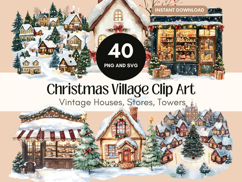 Christmas Village Clip Art Retro Christmas PNG and SVG Vintage Holiday ...