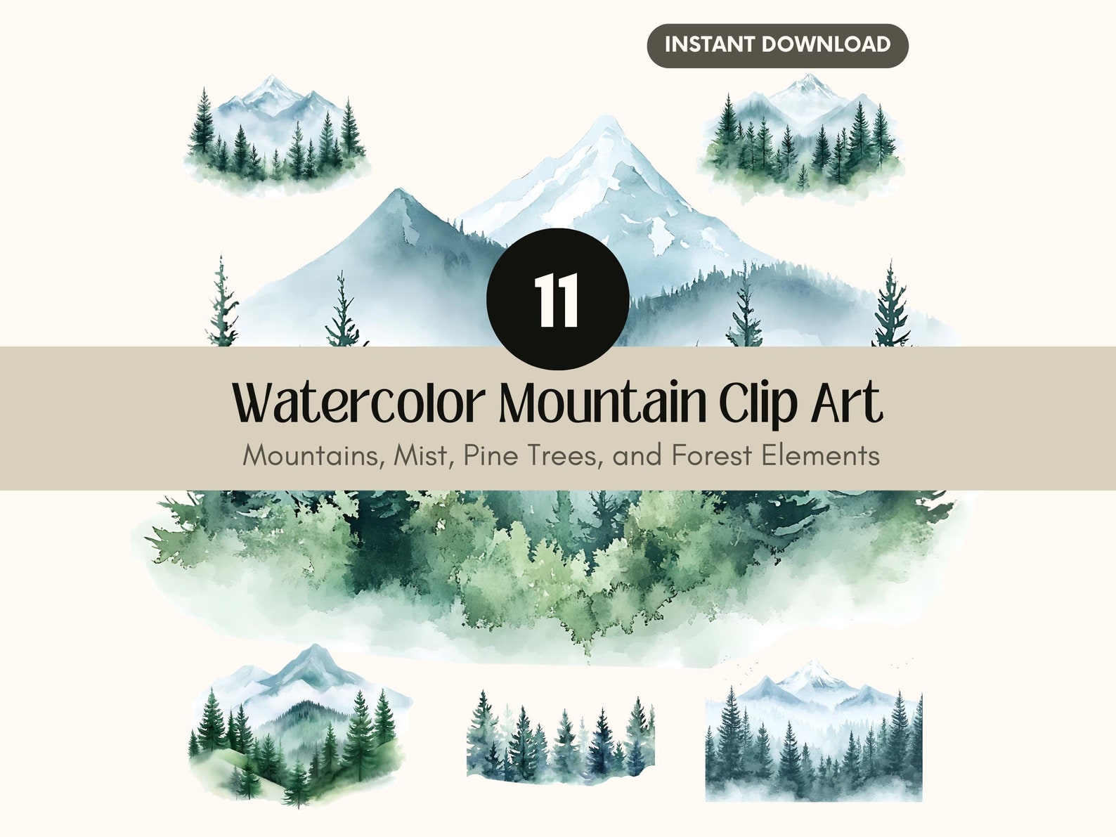 Watercolor Mountain Clip Art Misty Mountainside Pine Trees Forest ...