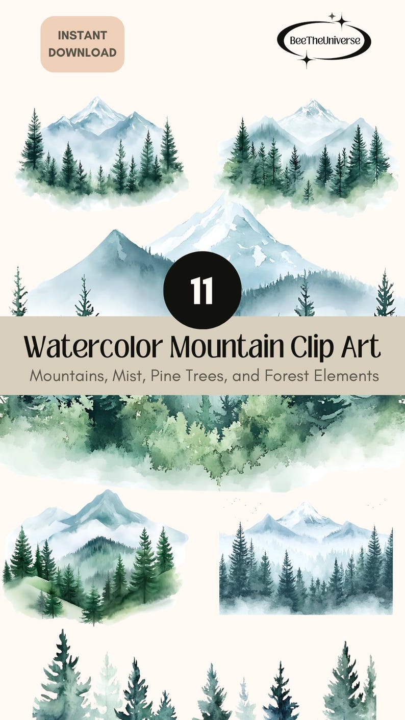 Watercolor Mountain Clip Art Misty Mountainside Pine Trees Forest ...