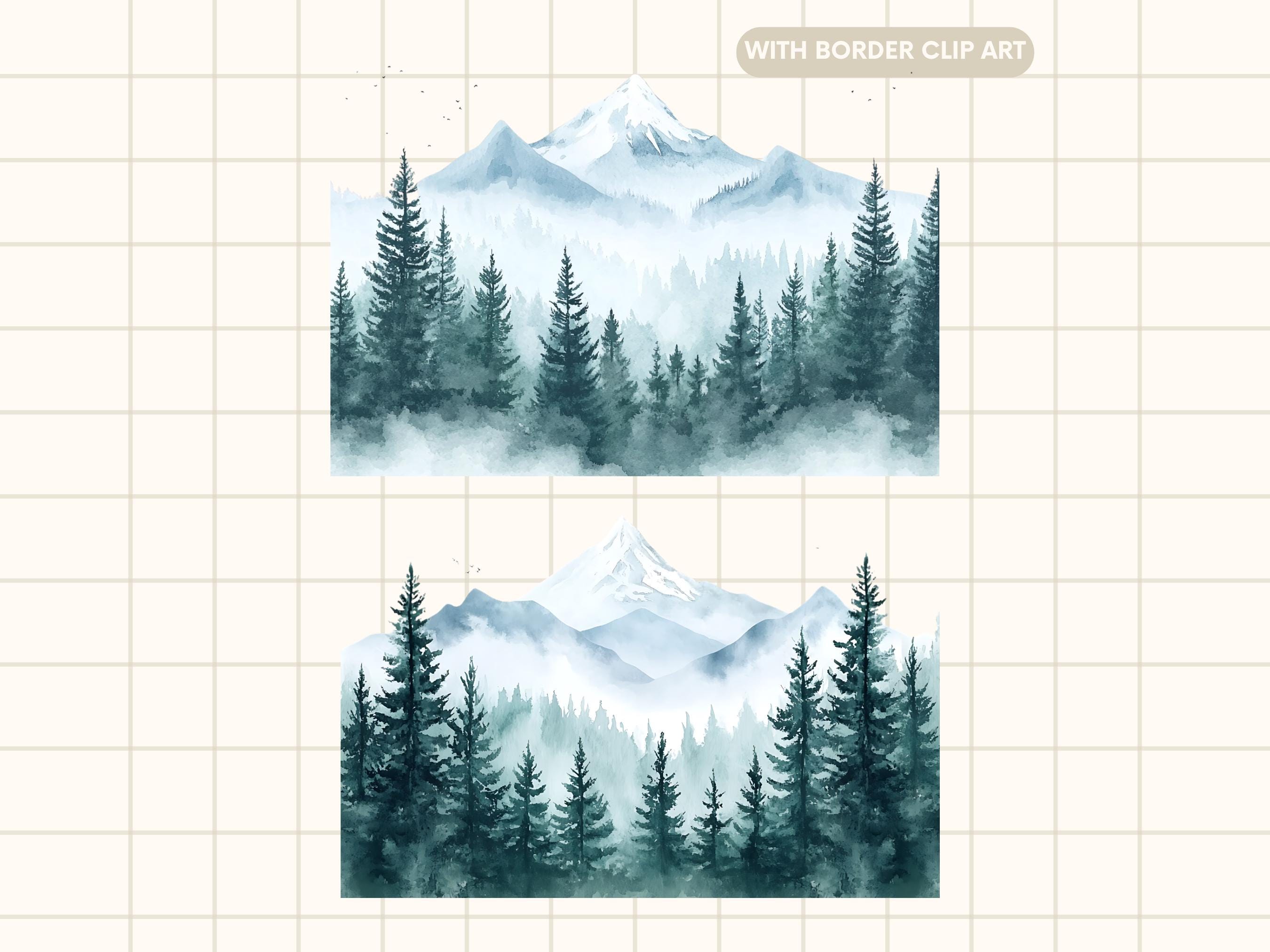 Watercolor Mountain Clip Art Misty Mountainside Pine Trees Forest ...