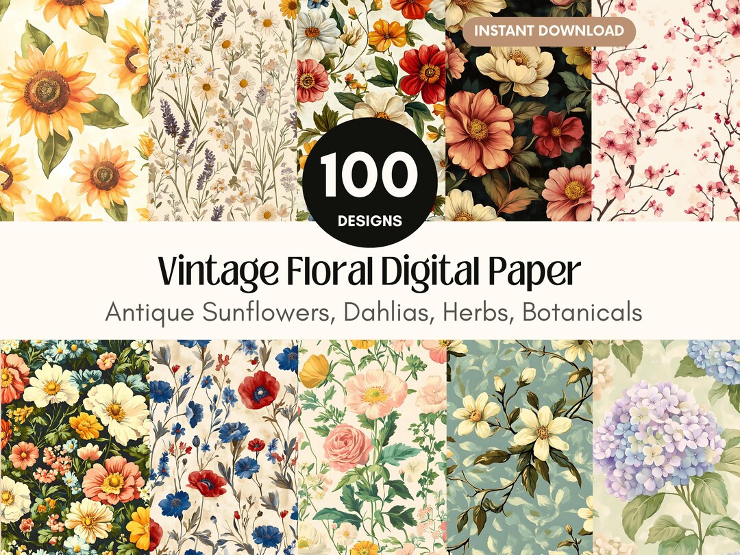 Vintage Floral Digital Paper, Antique Flower Junk Journal, Retro ...