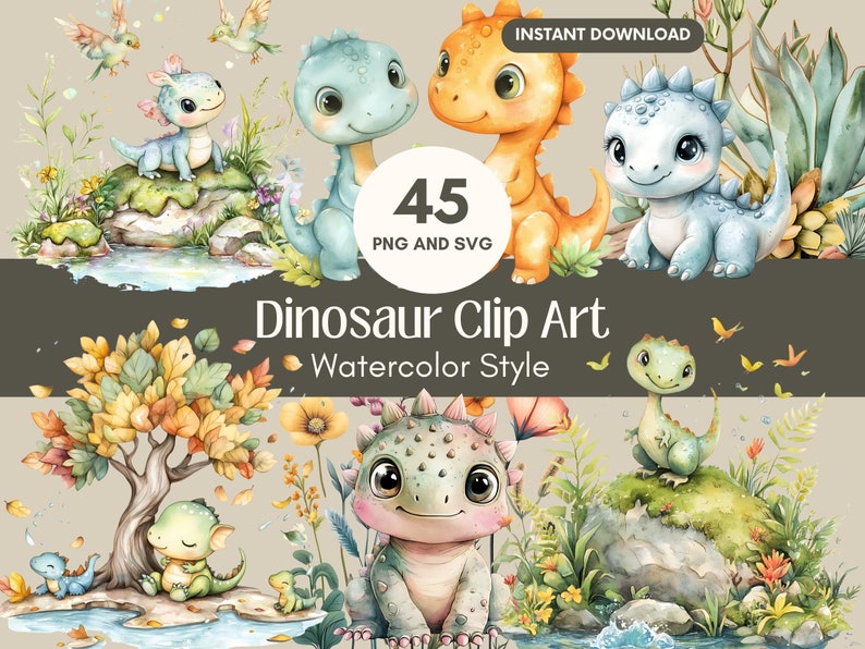 Watercolor Baby Dinosaurs Clip Art, Cute Dinosaur PNG & SVG, Nursery ...