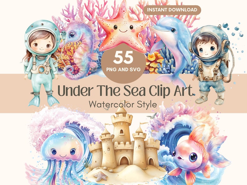 Watercolor Sea Animals Clip Art, Under the Sea PNG & Cute Sea Creatures ...