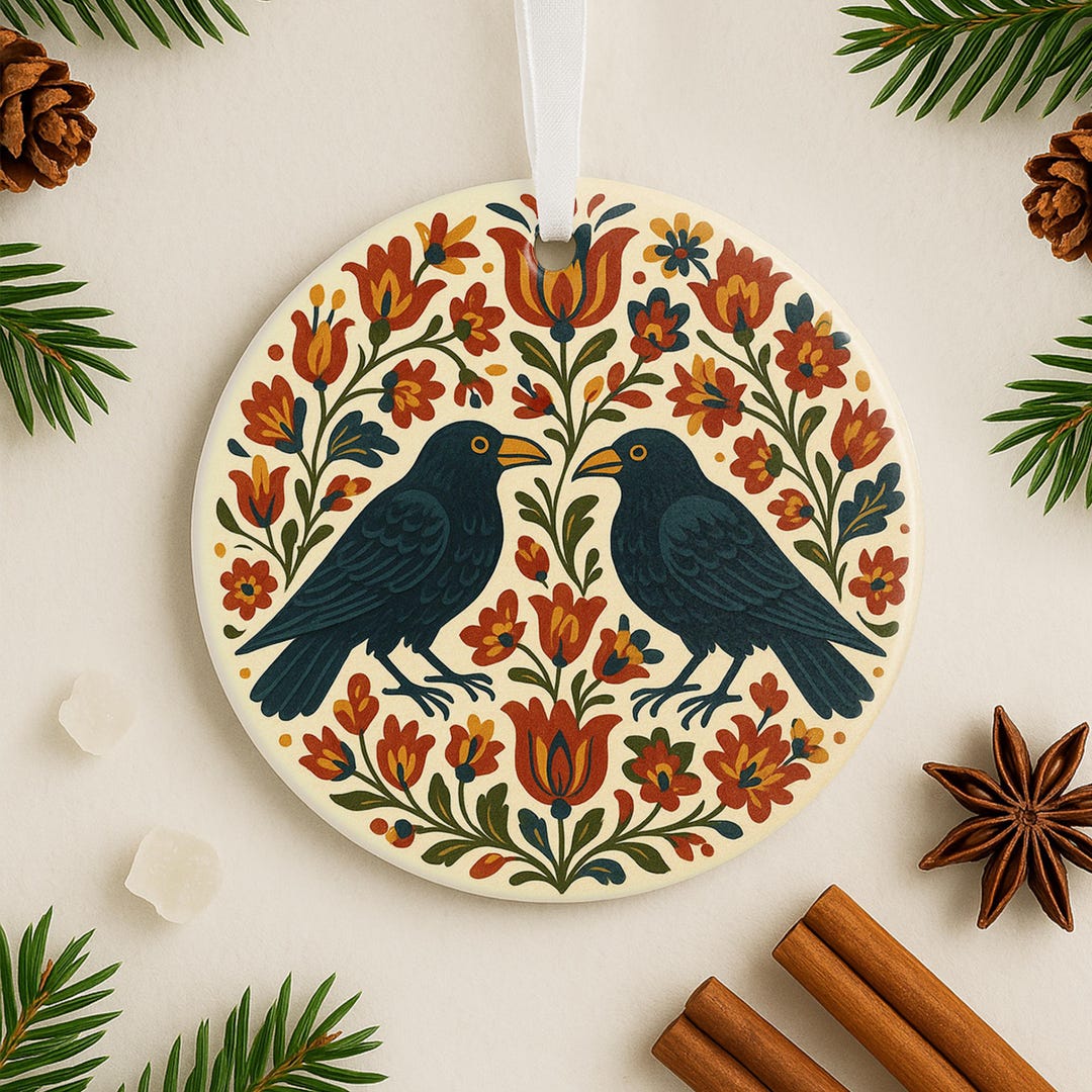 Ukiyo-e Nordic Raven Ornament Floral Bird Gift for Bird Watcher Flower ...
