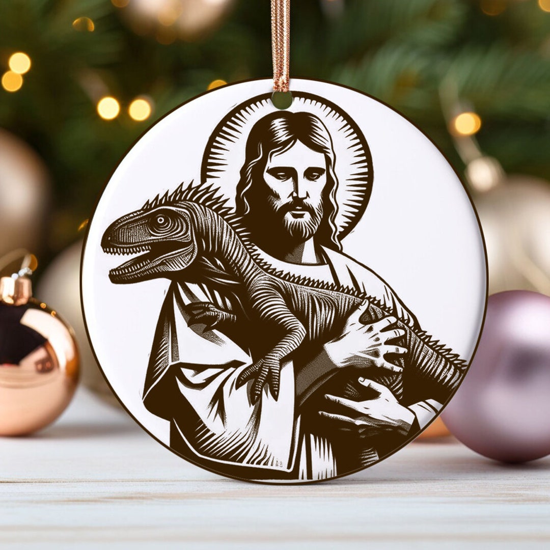 Jesus Holding Dinosaur Ornament Funny Christmas Gift Idea Weird Unusual ...