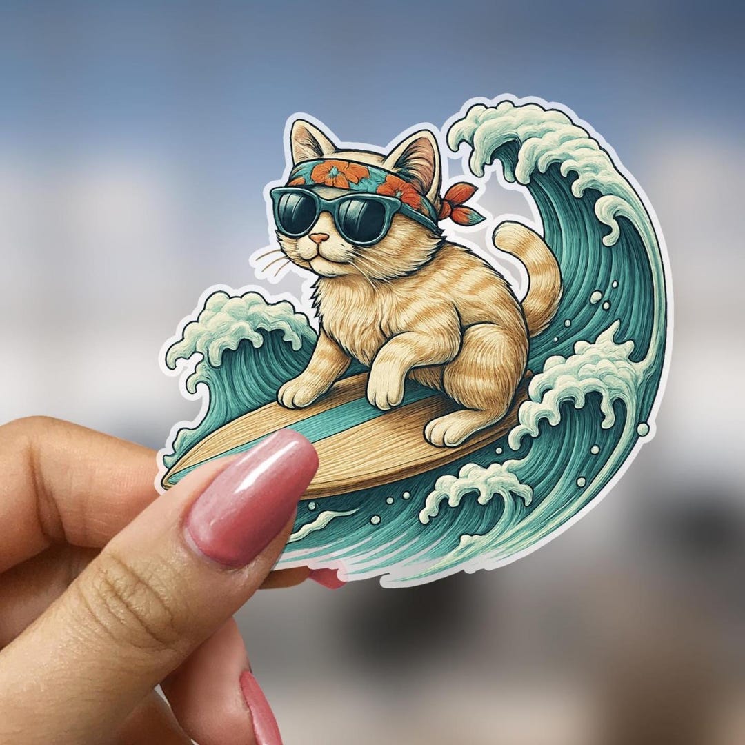 Surfing Cat Sticker Pack Gift for Beach Lover Cat Mom Ocean Wave Cat ...