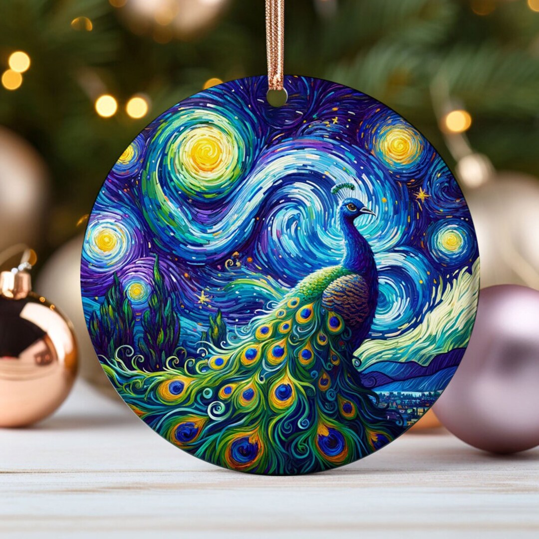 Starry Night Elegant Peacock Home Decor Christmas Ornament Round ...