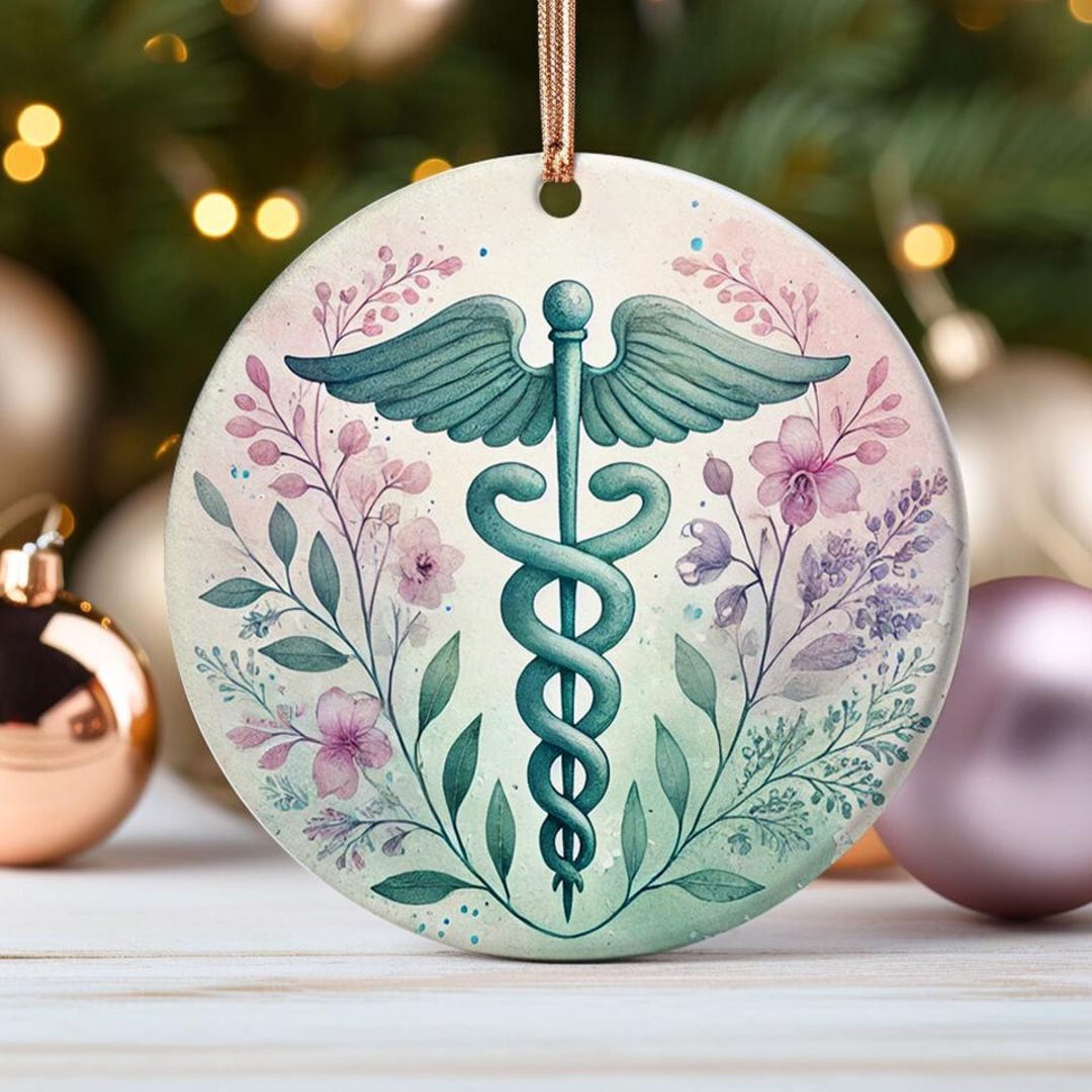 Floral Rod of Asclepius Ornament Watercolor Medical Decor Perfect ...