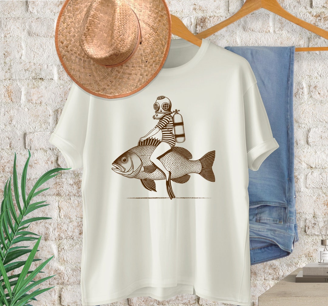 Surreal Woman Riding Fish T-shirt Abstract Art Fishing Lover Tee Unique ...