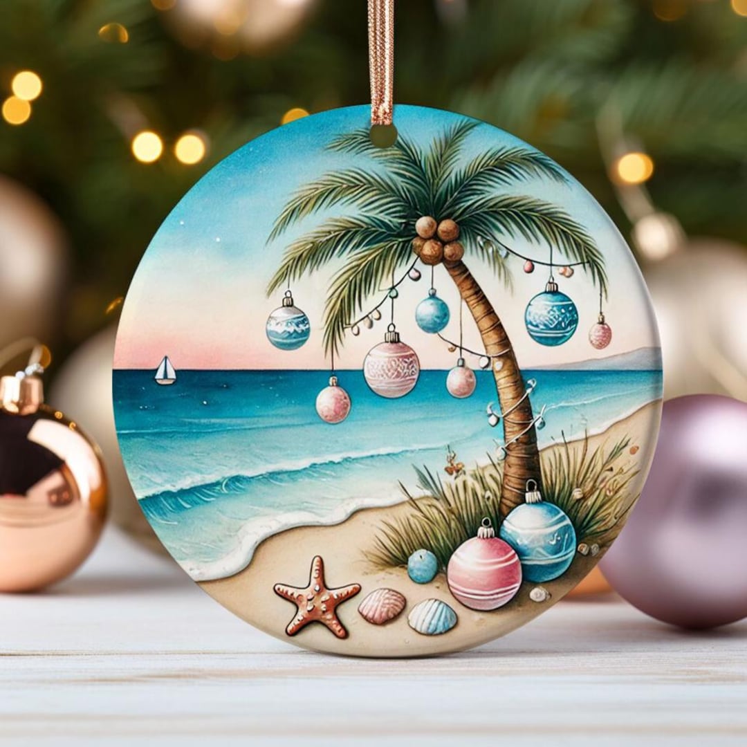 Hawaiian Christmas Ornament Palm Trees With Lights Watercolor Beach ...
