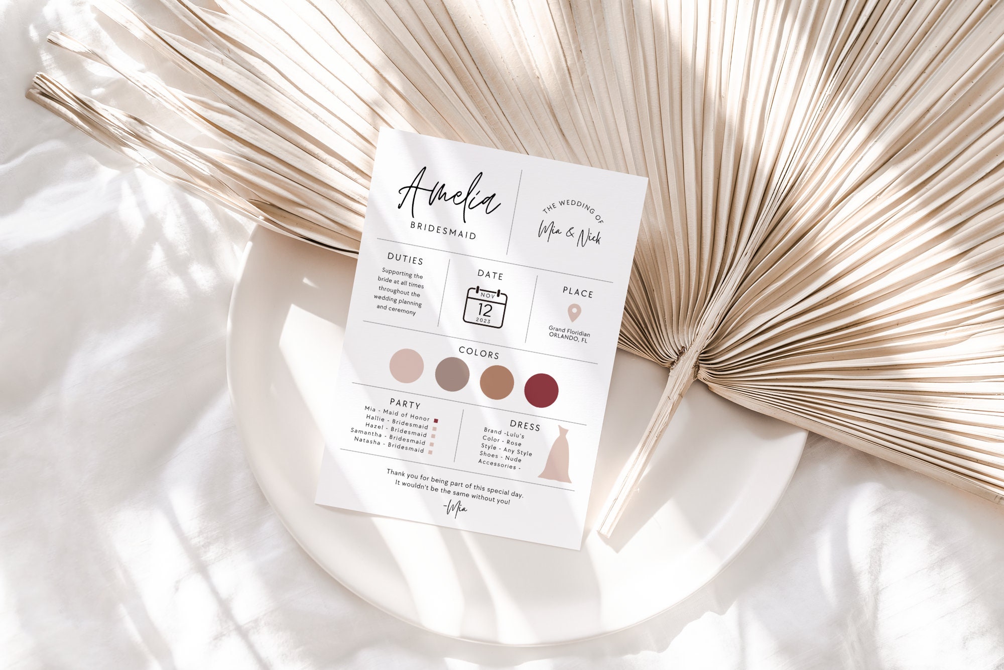 Bridesmaid Info Card Template Bridal Party Info Card - Etsy