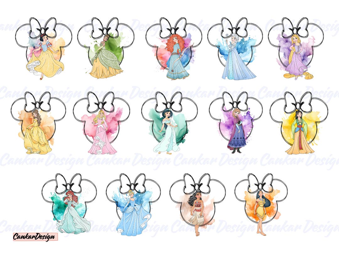 Watercolor Princess Png Bundle, Mouse Ears Png Bundle, Princess Clipart ...
