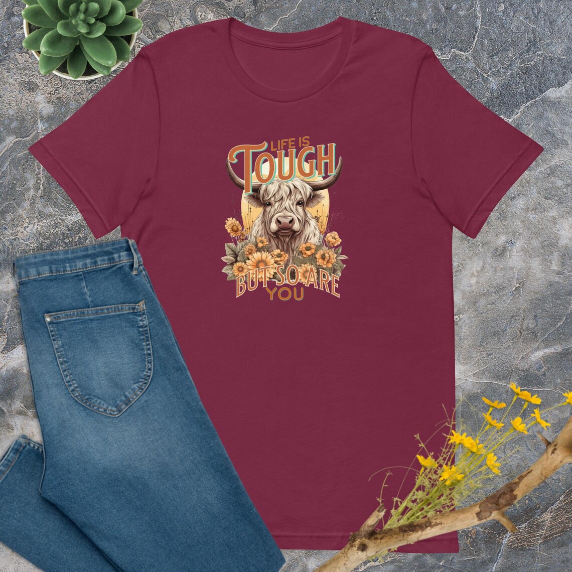 Highland Cow T-shirt, Life is Tough T, Inspirational Tee, Rustic T ...