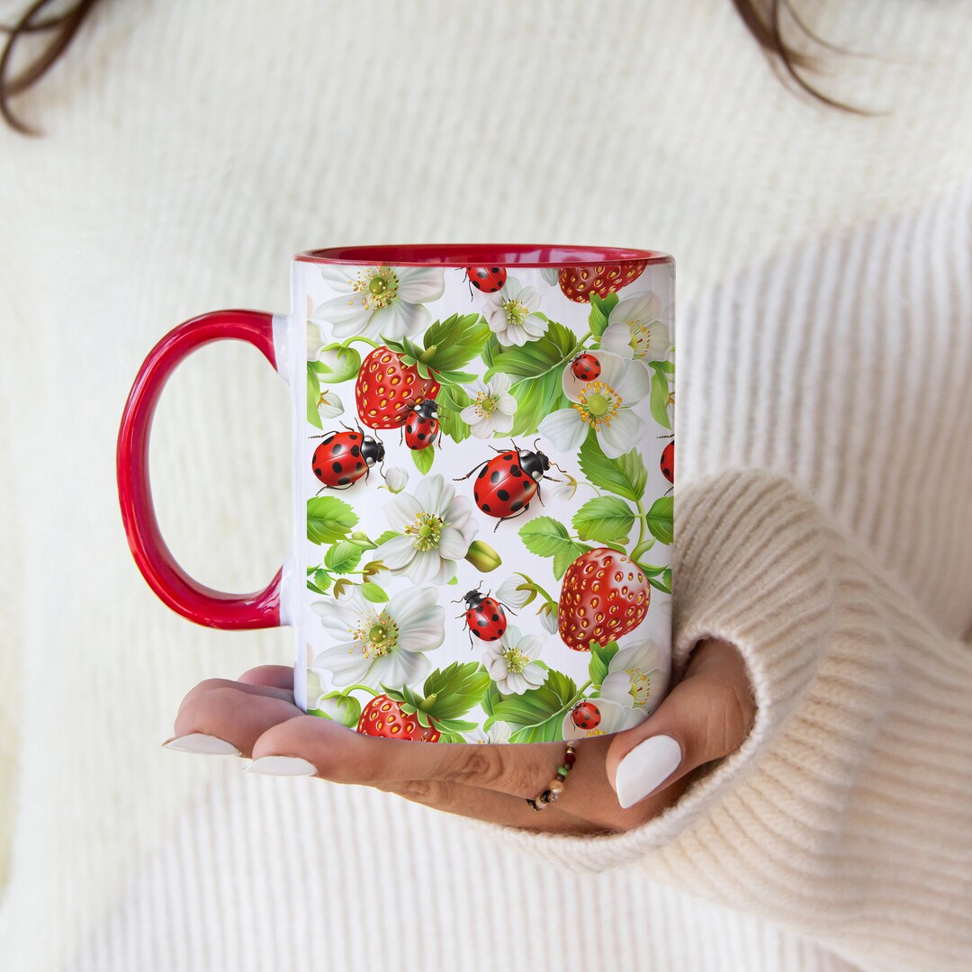 Fun Mug for Garden Lover Gift Ladybug and Strawberry Mug for Summer Red ...