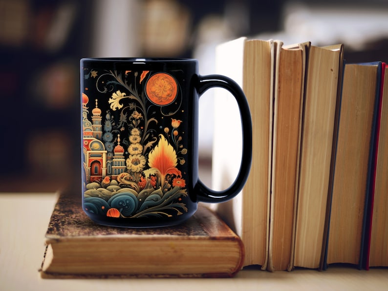 Colorful Fantasy Coffee Mug Intricate Black Mug Russian Botanical ...