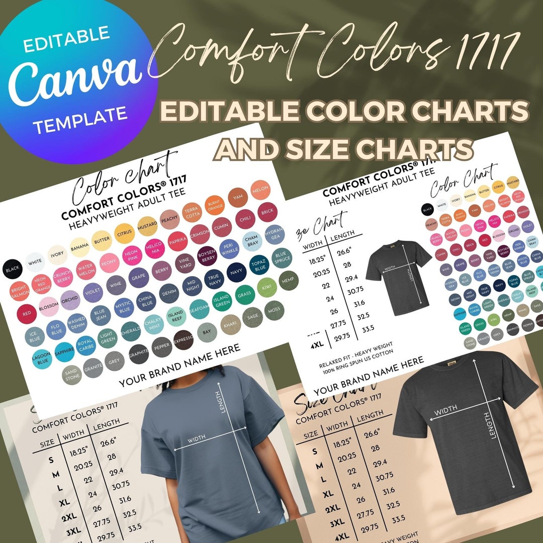 Comfort Colors 1717 Editable Color Chart Size Chart Bundle Customize ...