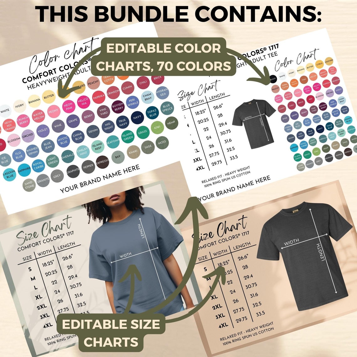 Comfort Colors 1717 Editable Color Chart Size Chart Bundle Customize ...