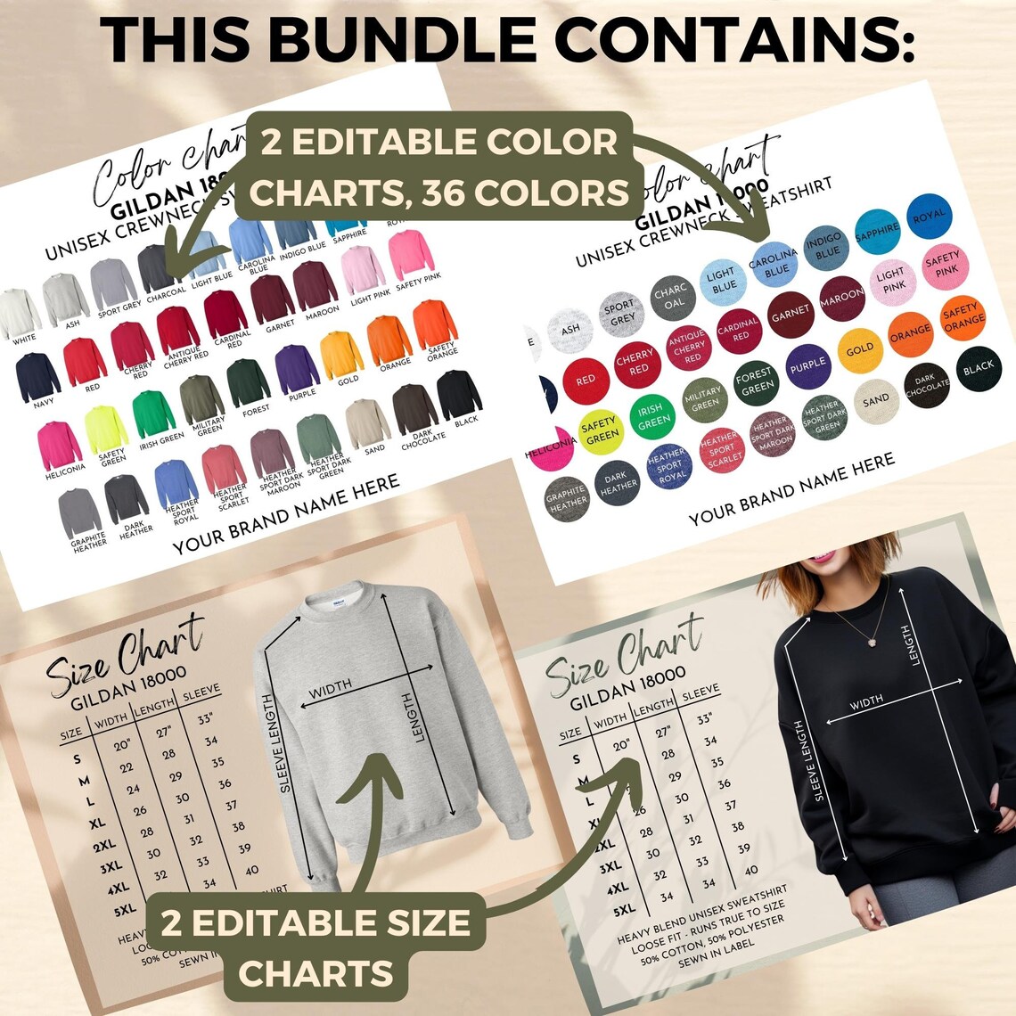 Gildan 18000 Editable Color Chart Size Chart Bundle Customize Canva All ...
