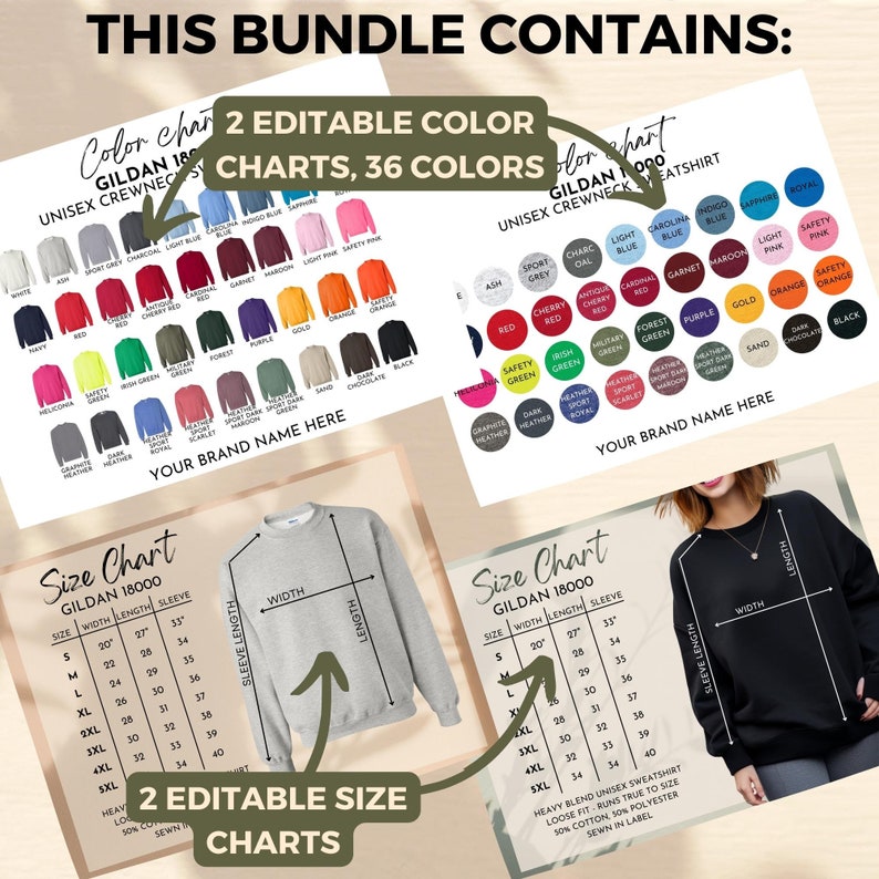 Gildan 18000 Editable Color Chart Size Chart Bundle Customize Canva All ...