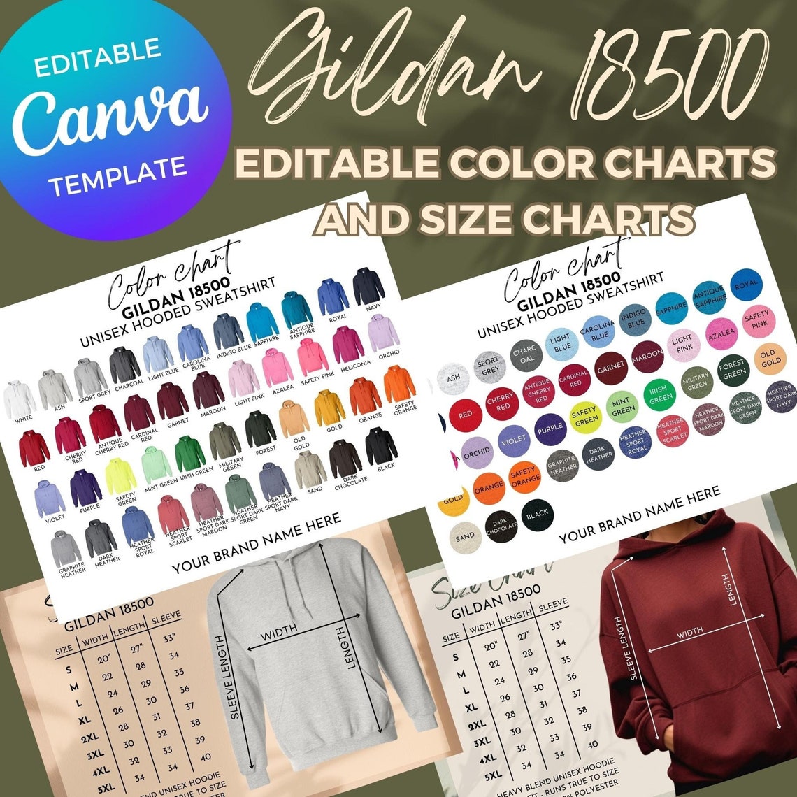 Gildan 18500 Editable Color Chart Size Chart Bundle Customize Canva All ...