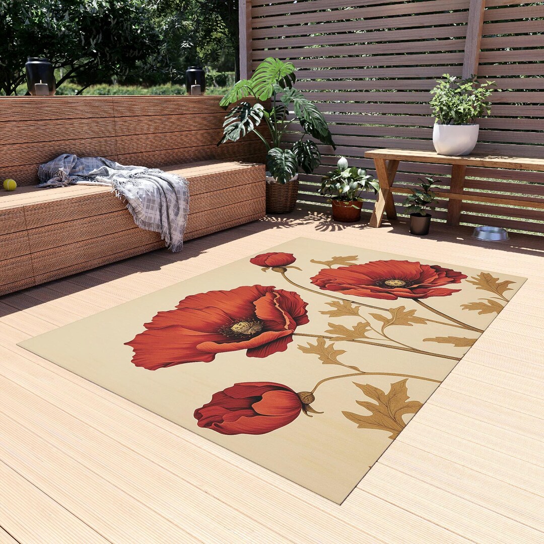 Vibrant Red Poppy Outdoor Rug, Boho Patio Decor, Flower Lover Rug ...