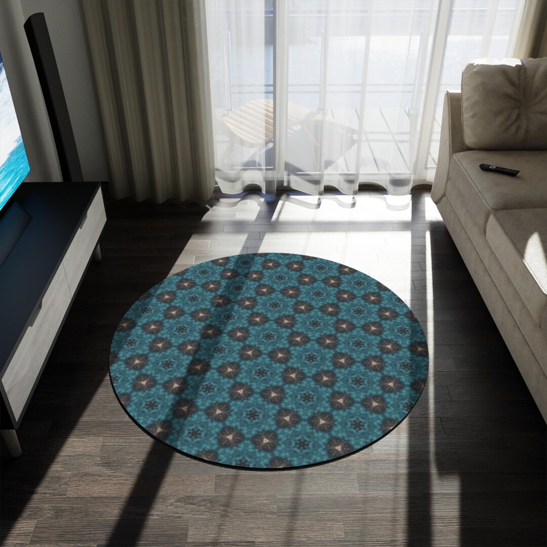 Bohemian Round Rug, Black and Blue Floor Mat for Living Room, Circular ...